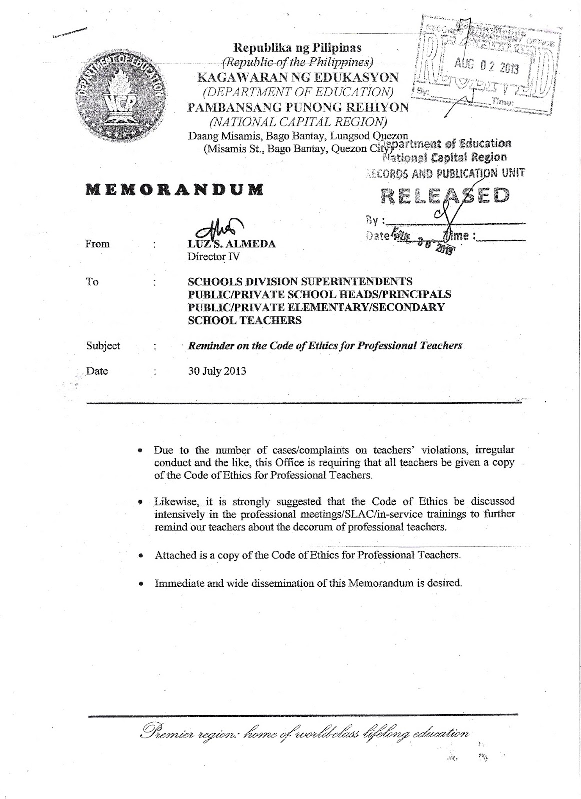 Department of Education Manila: Division Memorandum No. 456 REMINDER ON ...