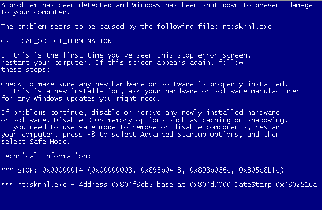 Pantallazo de la Muerte: 0x000000F4: CRITICAL_OBJECT_TERMINATION