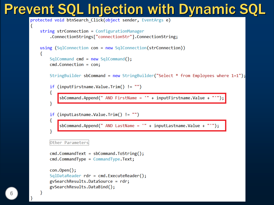 Sql Server Net And C Video Tutorial Prevent Sql Injection With