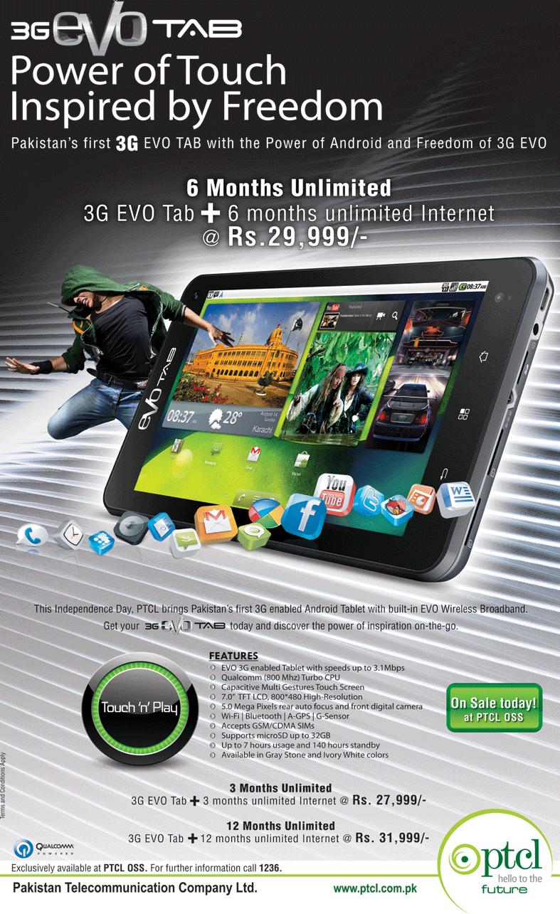 Advertising in Pakistan: PTCL | 3G EVO TAB with the Power of Android