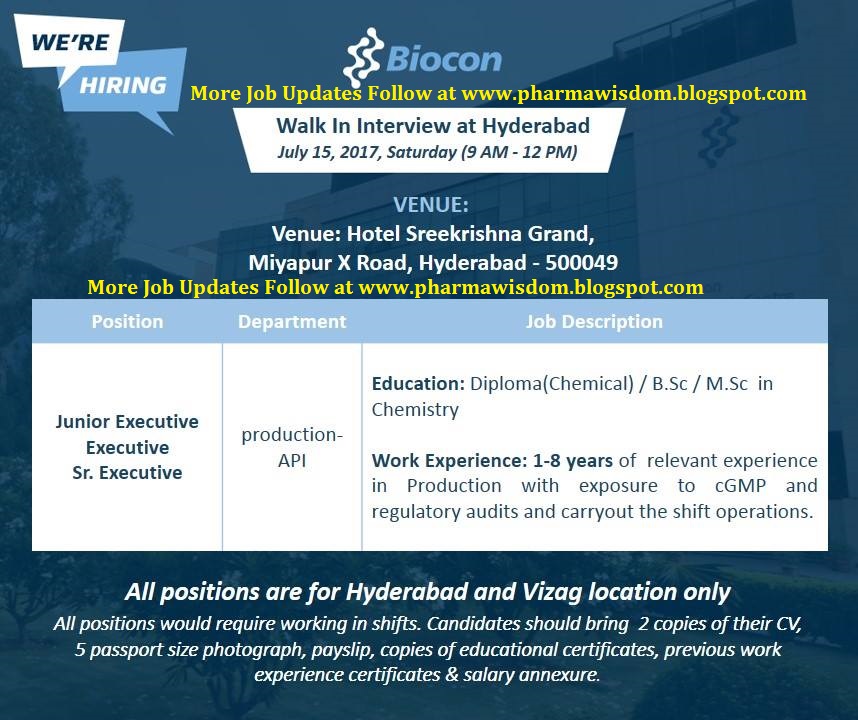 Biocon - Walk-In Interviews for Hyderabad & Vizag Units on 15th July ...