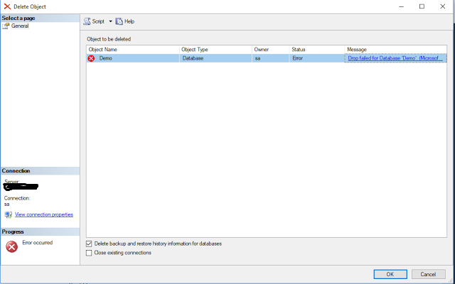 Drop Failed For Database Demo Or Cannot Drop Database Demo Because Currently In Use In Sql