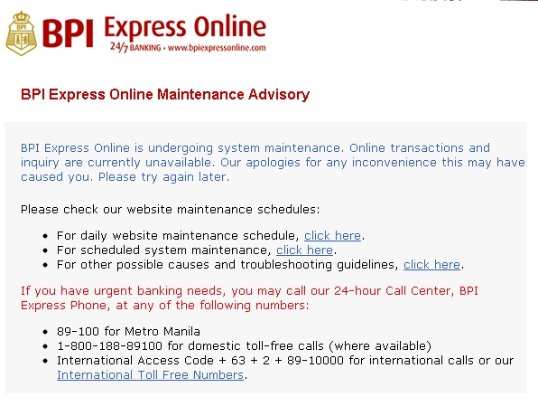 Can't Access BPI Express Online - Maintenance Mode