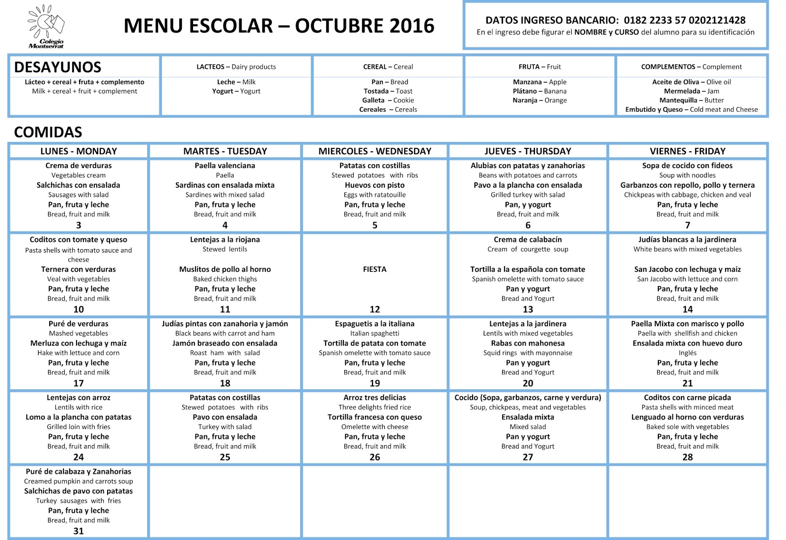 AMPA Colegio Montserrat: MENU ESCOLAR. OCTUBRE 2016