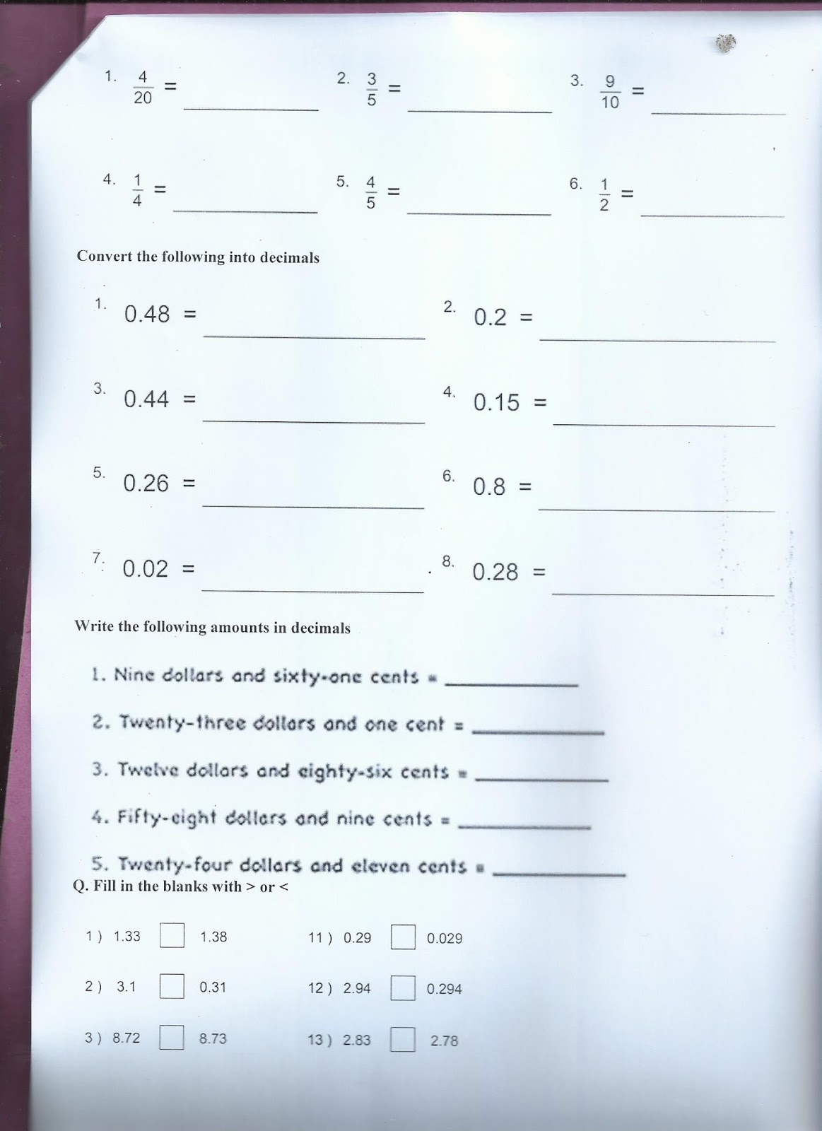 The City School: Math Revision Worksheet (2nd Term)