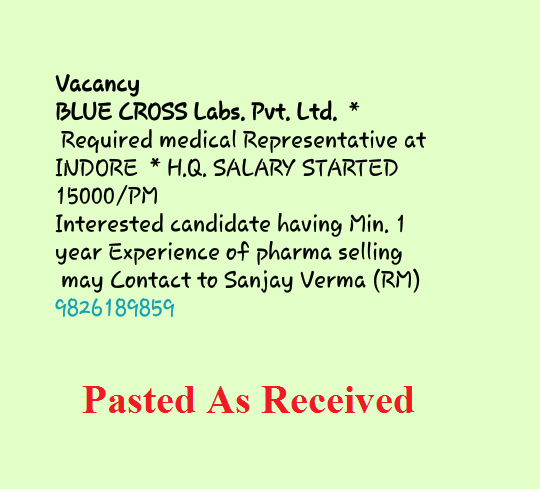 Blue Cross Labs. Pvt. Ltd. - Medical Representative - Pharma Job Finder