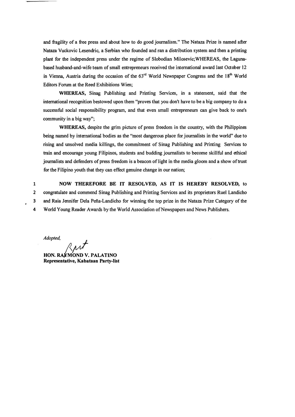 Sinag Printing Press: House Resolution No. 1863: Congratulating and ...