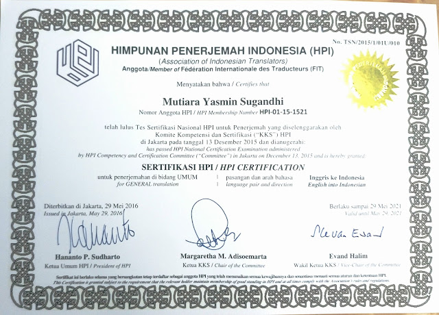 Mutiara Yasmin: Latest Certification: English-Indonesian translation ...