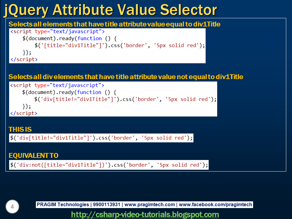 Sql server, .net and c# video tutorial: jQuery attribute value selector Sql server, .net and c# video tutorial: jQuery attribute value selector