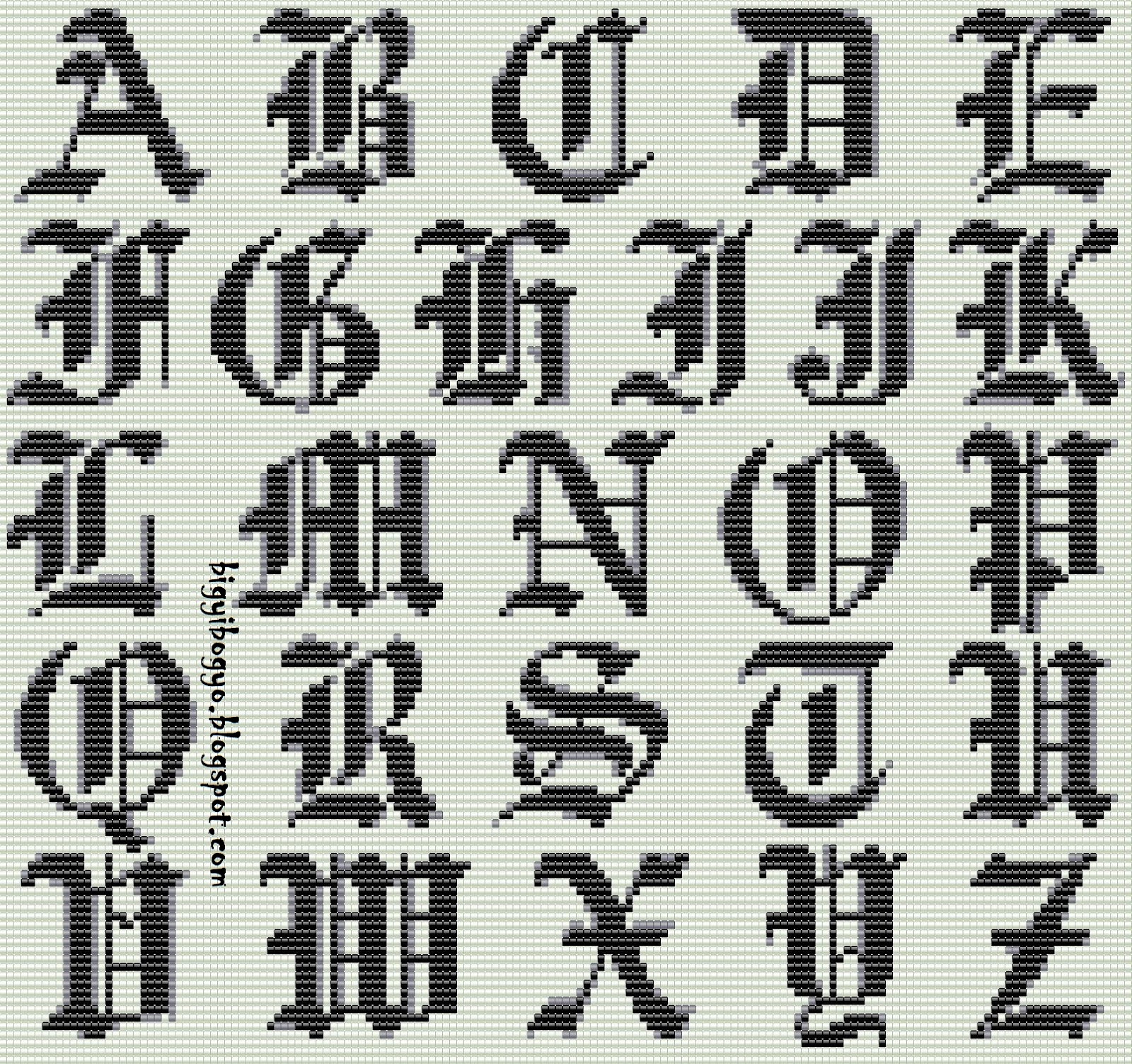 Bigyibogyó: Gótbetűk gyöngyszövés minta