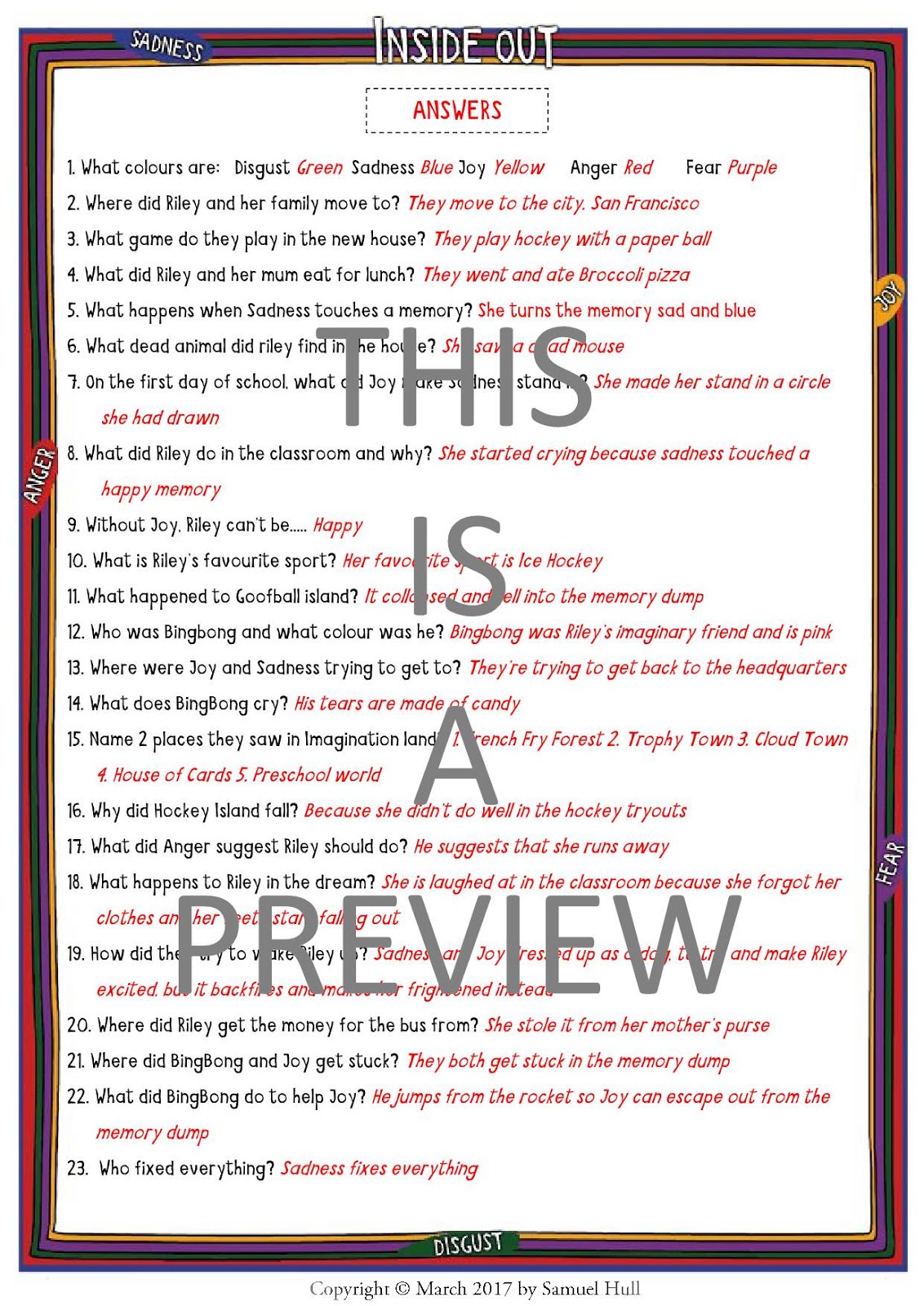 Disney's Inside Out (2015) - Movie Questions + Activities (Group Work ...