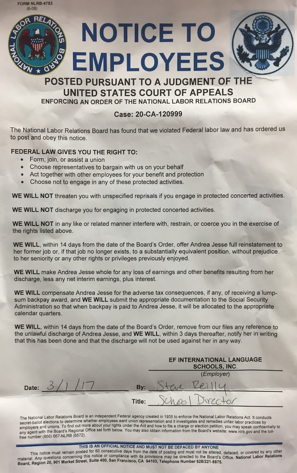 ESL Teachers Unite !: EF, SF Forced by NLRB to Post this Notice in the ...