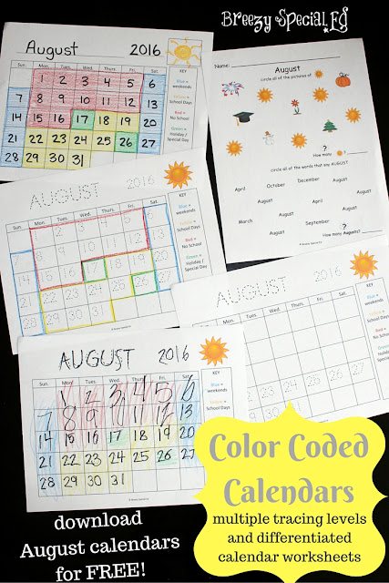Visual Color Coded Calendars for Students with Special Needs - Breezy ...