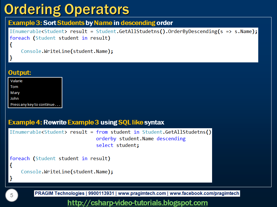 Sql Server Net And C Video Tutorial Part 10 Ordering Operators In Linq