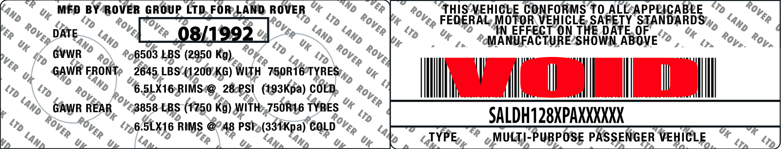 Replacement VIN (vehicle identification number) Stickers: October 2016
