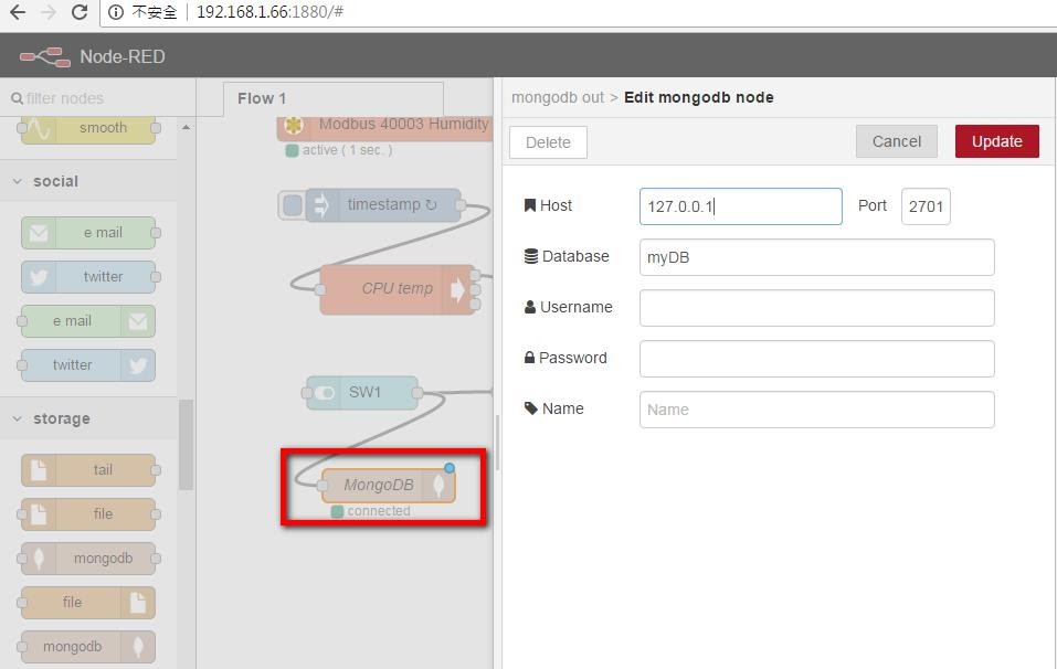 Demo MongoDB function in Raspberry Pi 3 with Node Red
