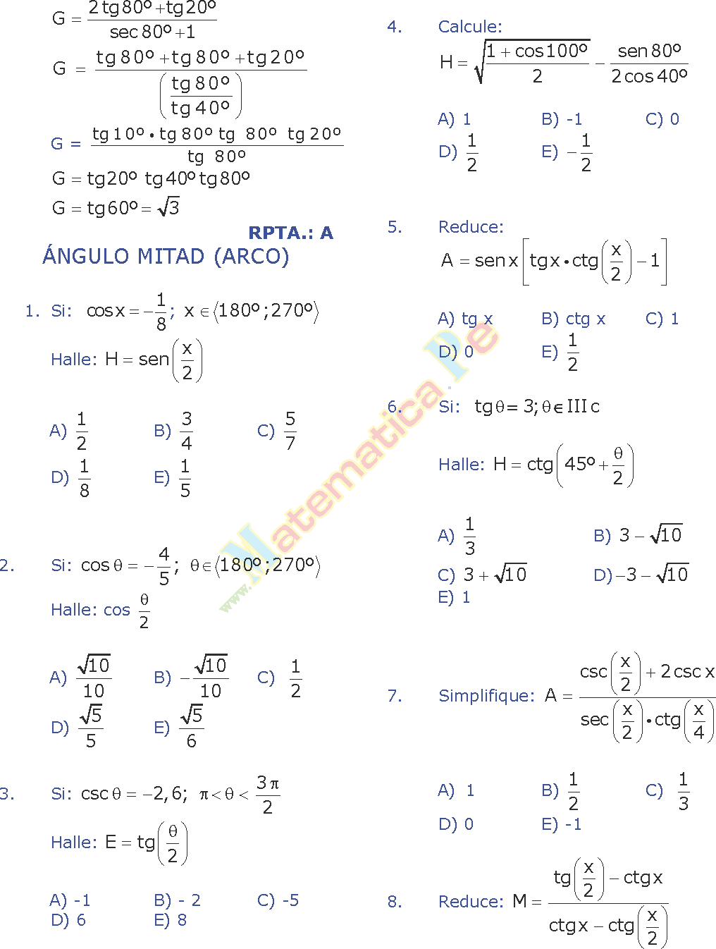 FUNCIONES TRIGONOMÉTRICAS DEL ARCO DOBLE Y MITAD PROBLEMAS RESUELTOS