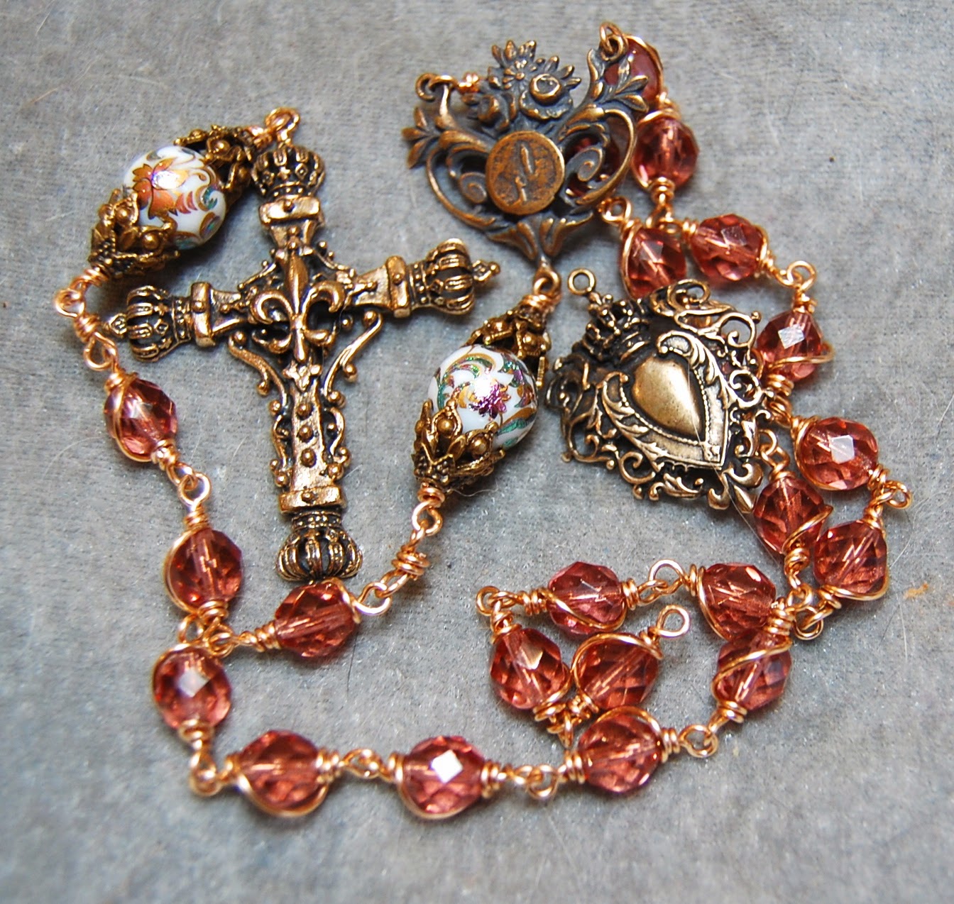 HeartFelt Rosaries: Rose Pink Wire Wrap Rosary Bronze Lourdes Center,