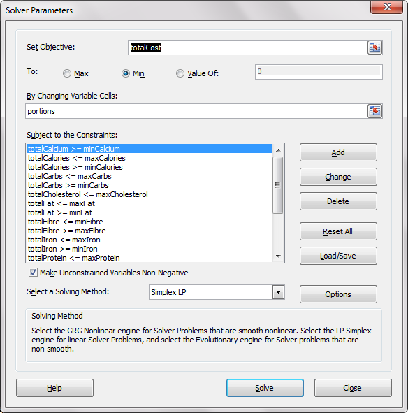 The Diet Problem | Excel Calculations