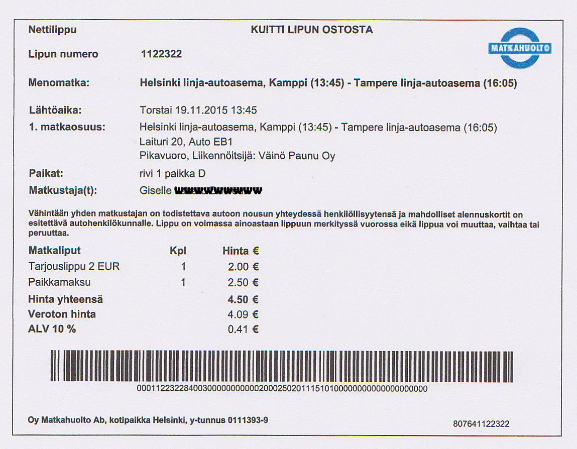 The traveler's drawer: PAUNU (Finland). Bus ticket Helsinki-Tampere (2015)