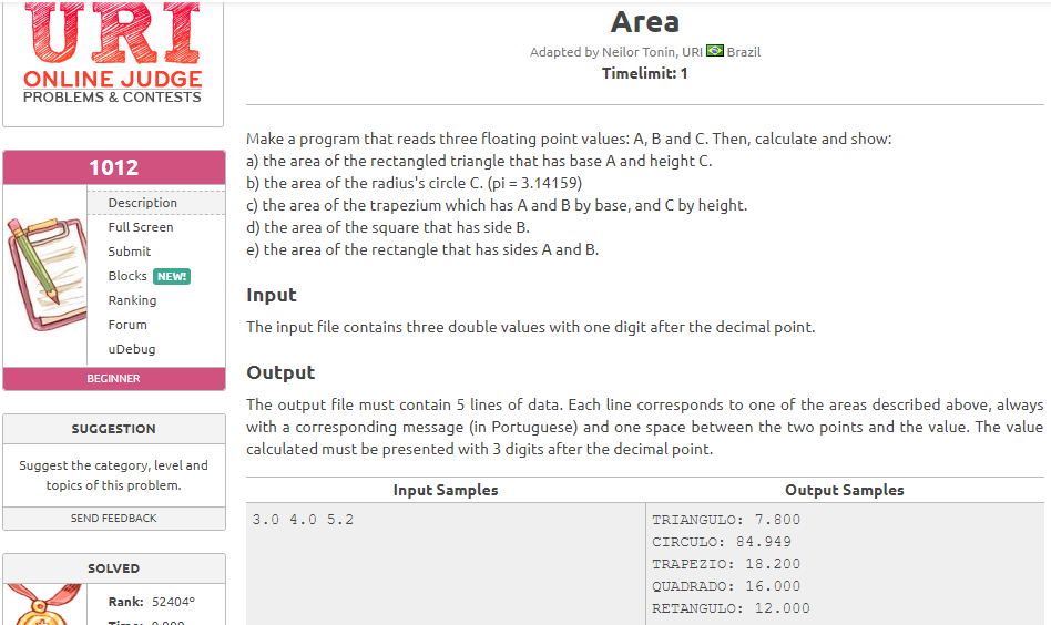 URI 1012 Area Solution in C++ - Programming Life