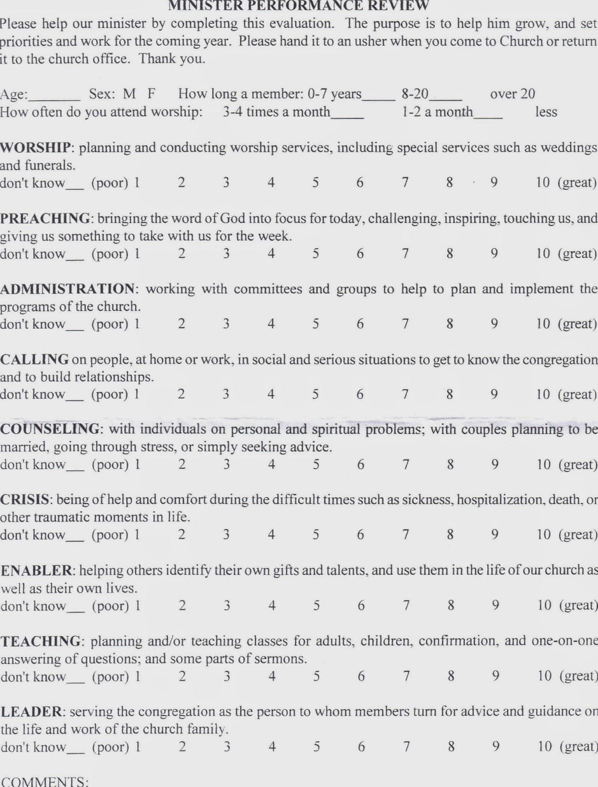 Minister Evaluation Form Sample