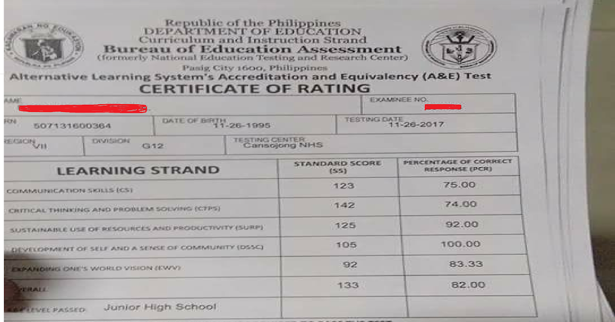 Alternative Learning System: ALS A&E Certificate of Rating - How it is ...