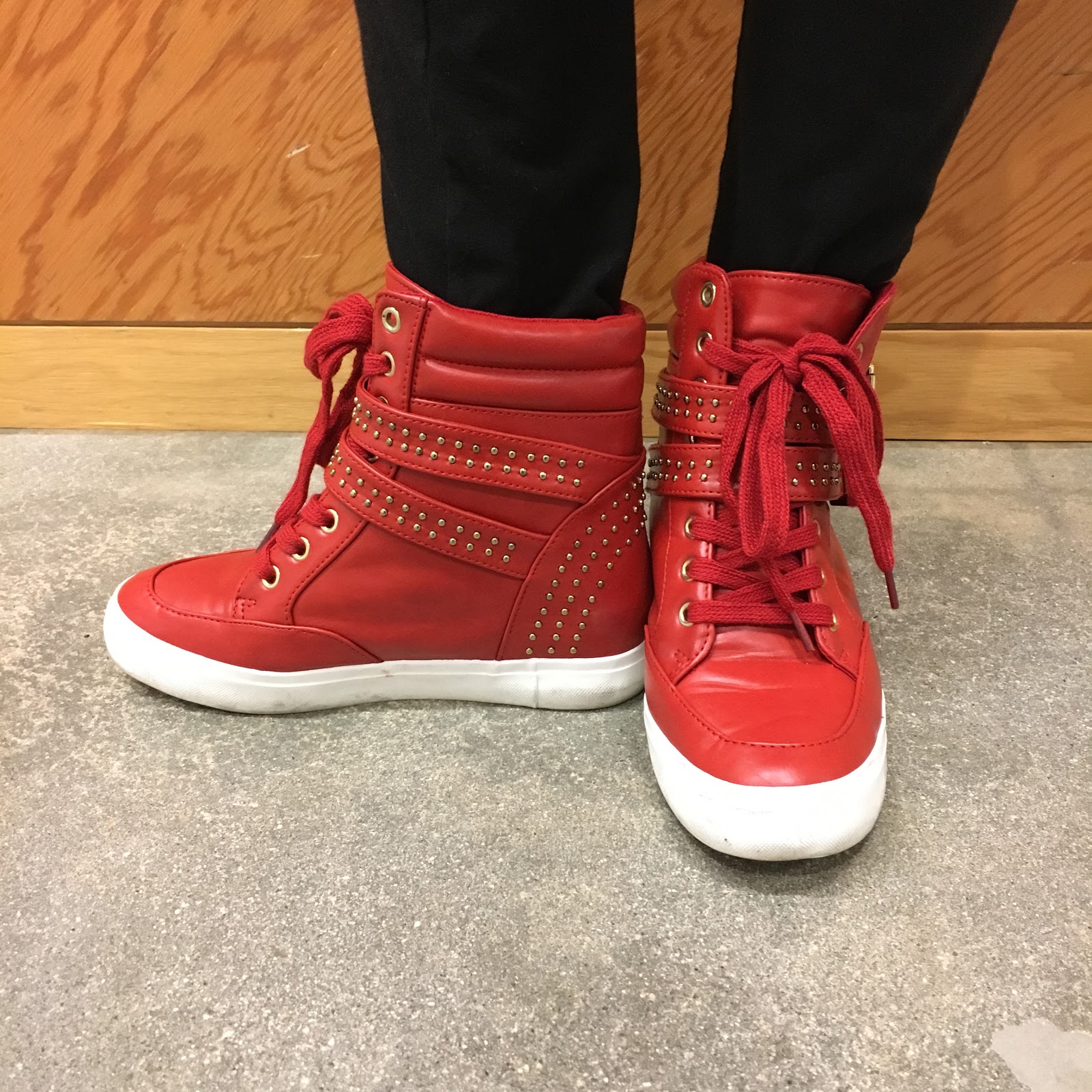 The Beauty of Life: #TuesdayShoesday: JustFab Red Studded Wedge Sneakers