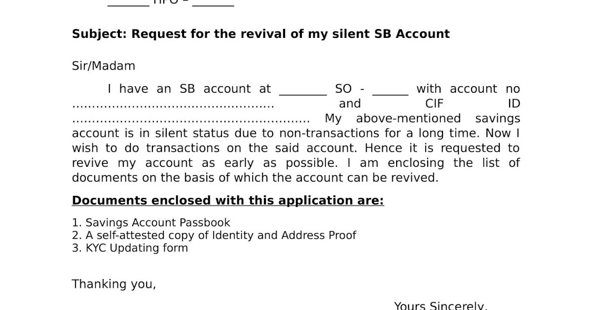 Application form / Request letter for revival of silent SB Account ...