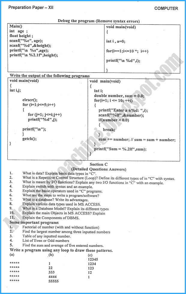 Adamjee Coaching: Computer Science 12th - Adamjee Coaching Guess Paper 2018
