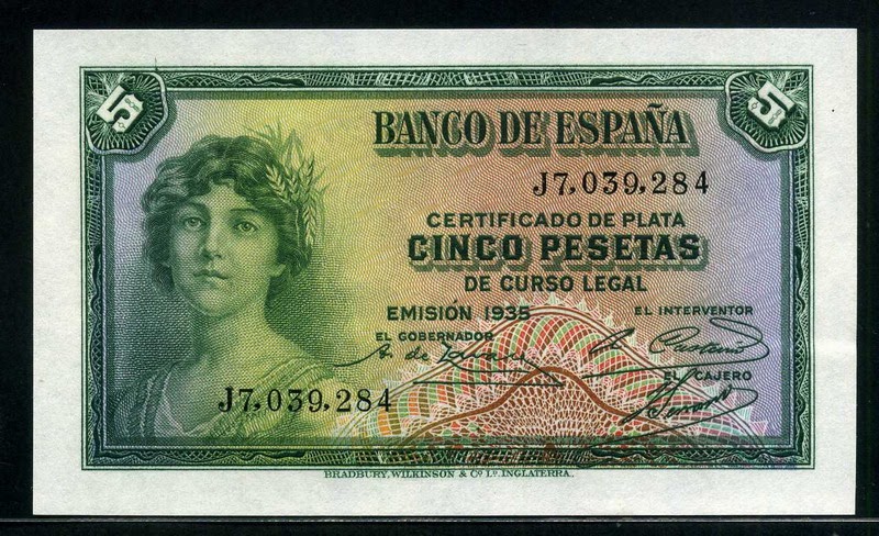Spain currency 5 Pesetas Silver Certificate banknote 1935|World ...