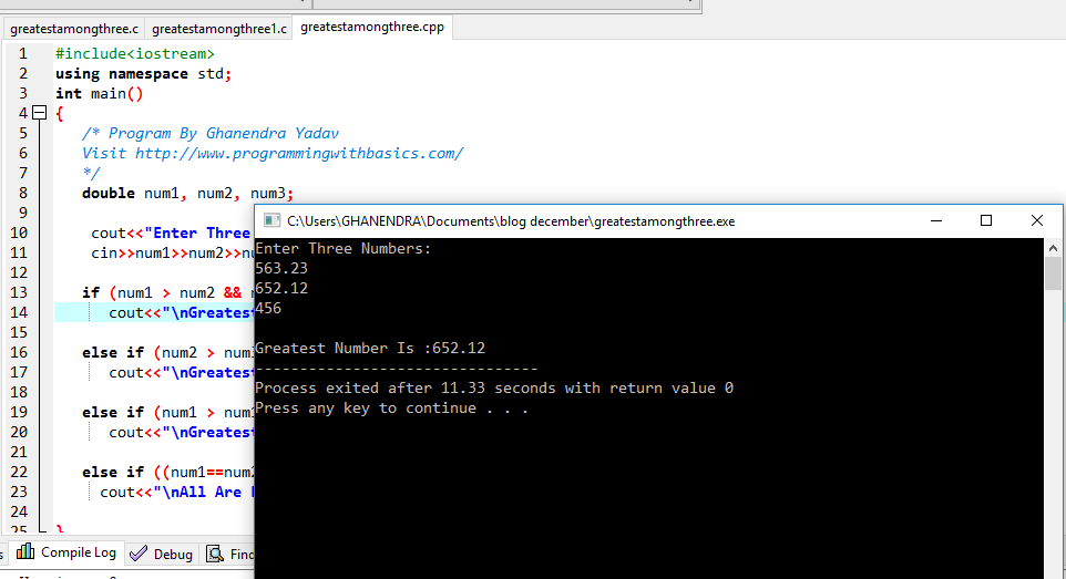 C++ Program To Find Greater Number. Among Given Three Number