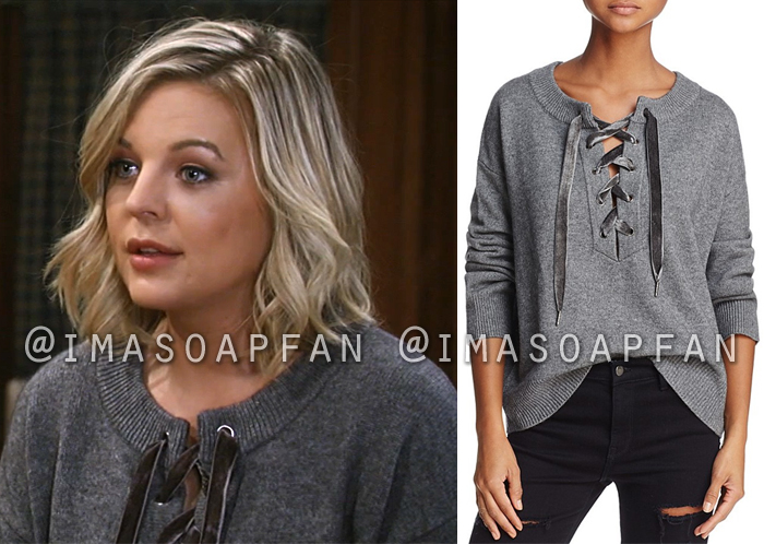 Maxie Jones's Grey Sweater with Velvet Lace-Up Neckline - General ...