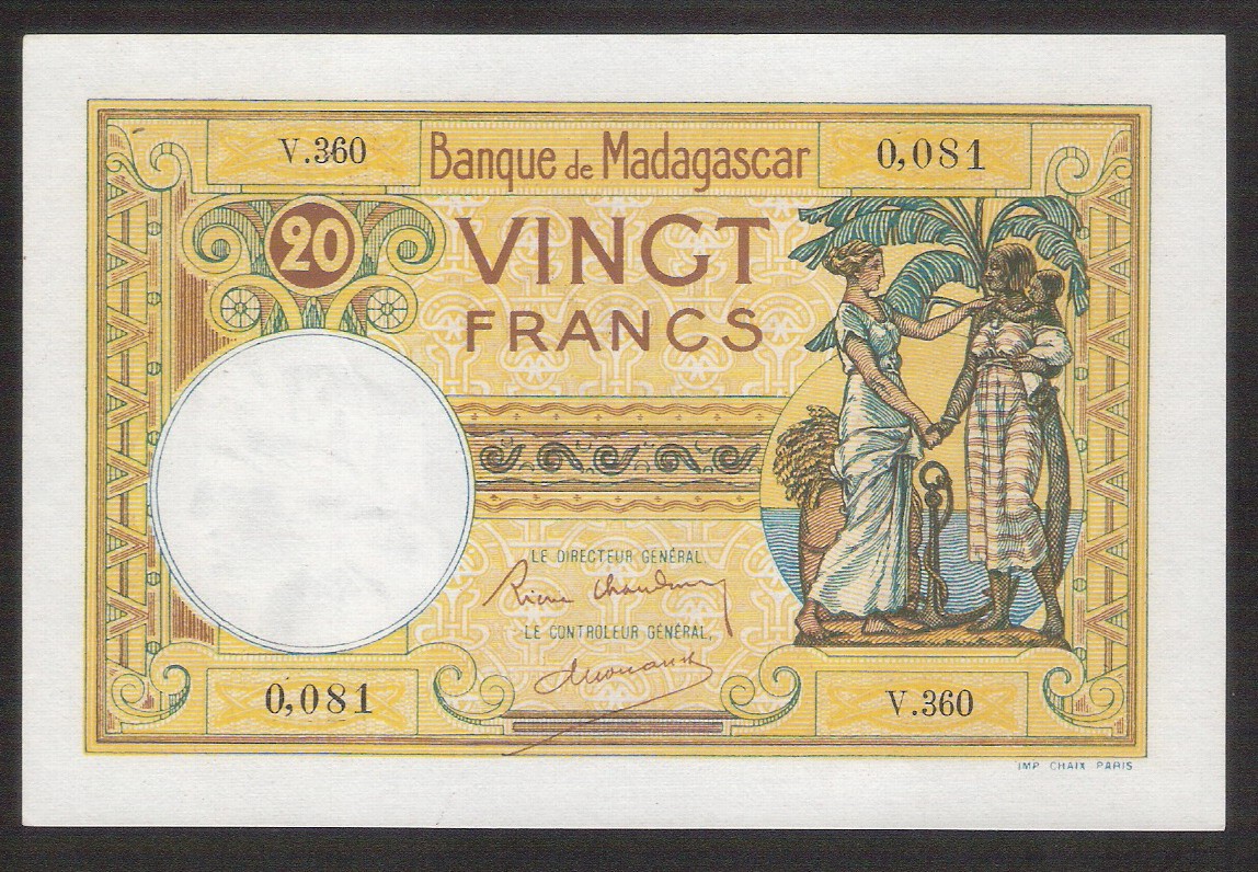 Madagascar banknotes 20 Franc note 1937 Banque de Madagascar|World ...