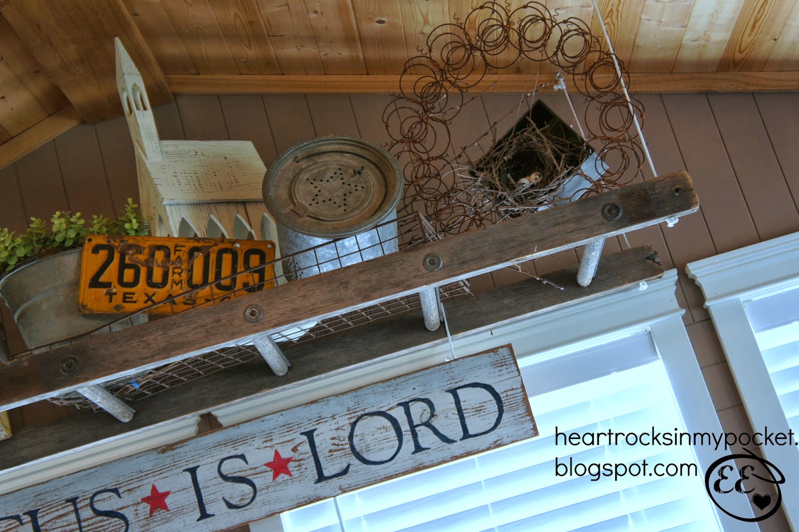 Heart Rocks In My Pocket: An Old Ladder Makes a Great Hanging Shelf