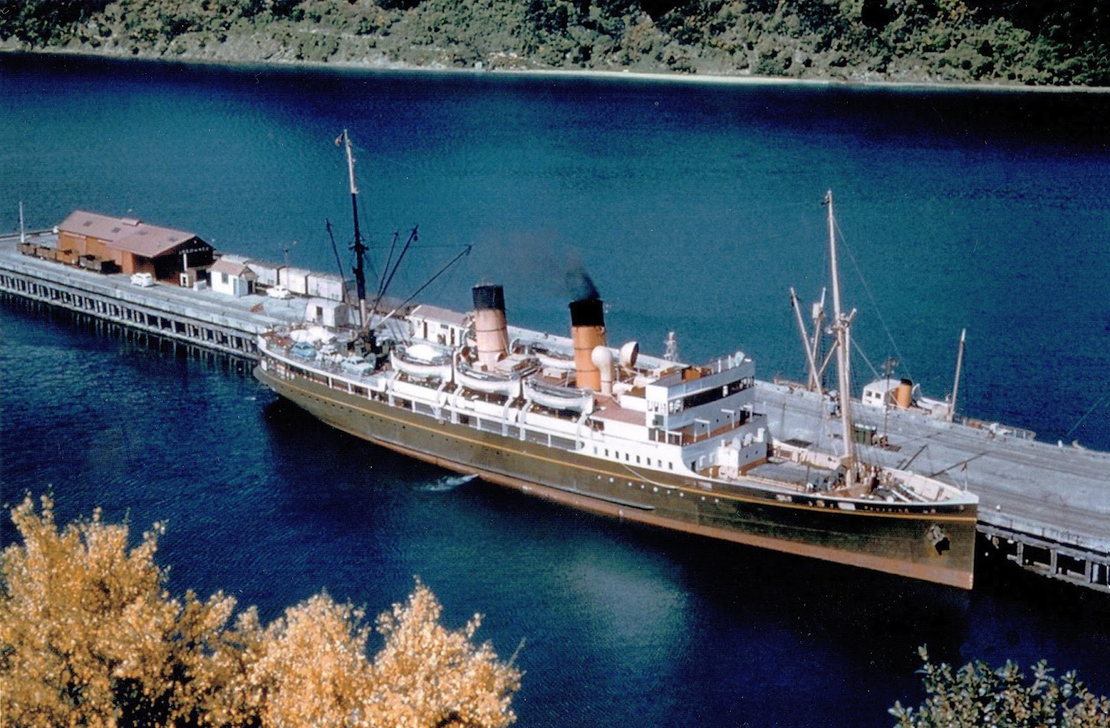 transpress nz: the inter-island ferry 'Tamahine' at Picton wharf, 1950s