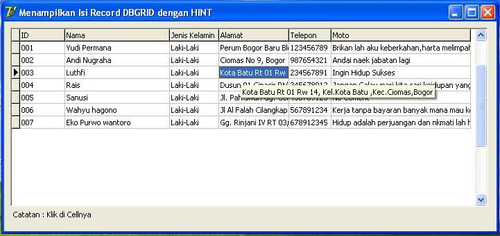 Menampilkan isi Record pada DBGRID ke HINT di Delphi - Hendi Kusnadi