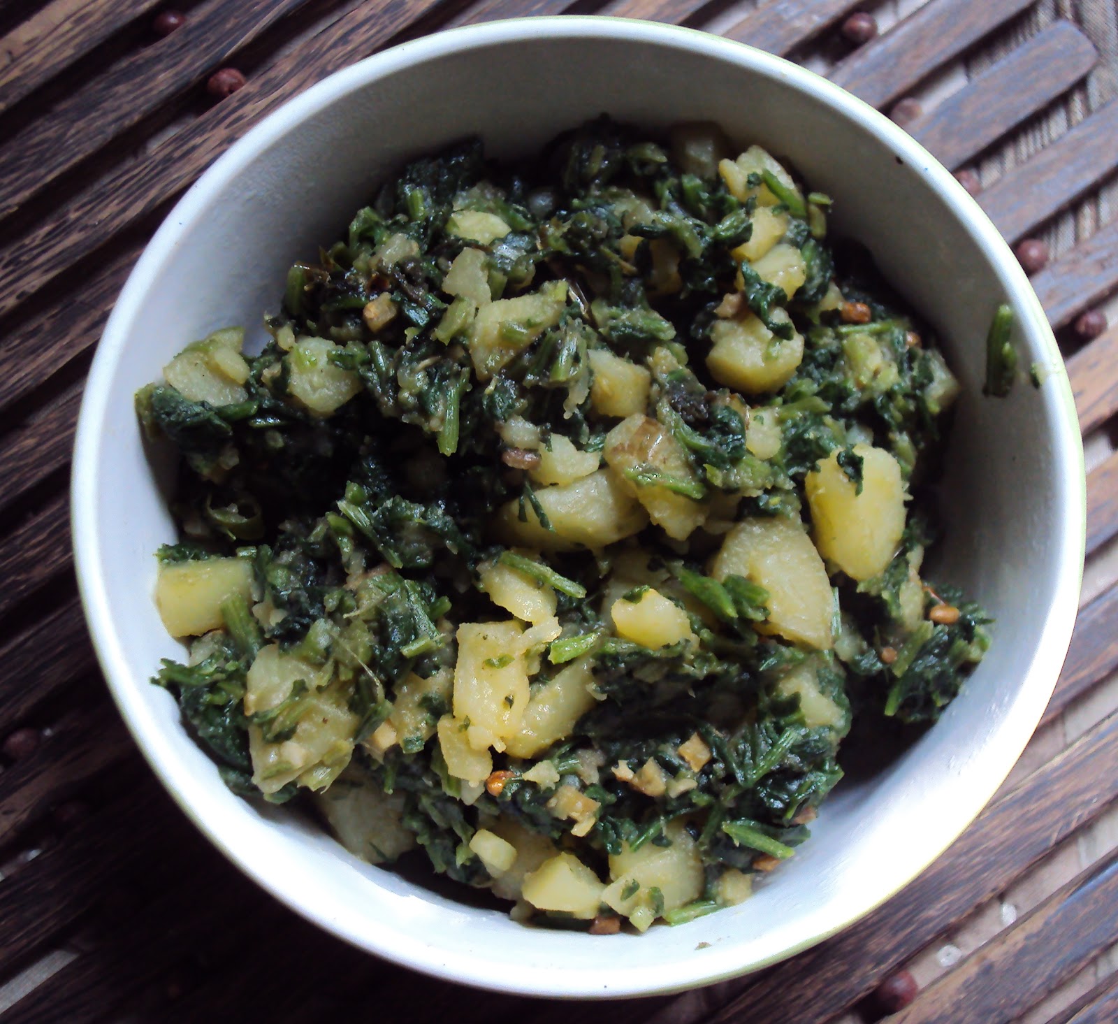 aloo saag ...spinach and new potatoes cooked to a mushy scramble...