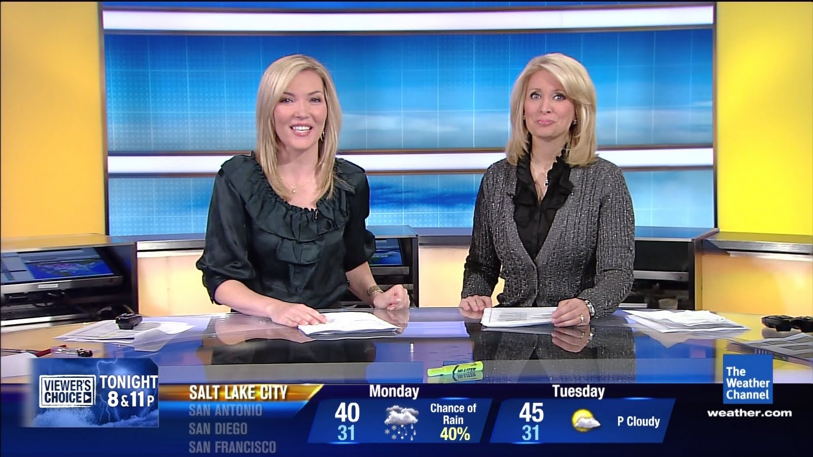Ladies in Satin Blouses: Various Weather Channel anchors in blouses