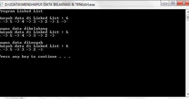 ALGORITMA PEMROGRAMAN & STRUKTUR DATA: PROGRAM LINKED LIST MENGHAPUS BELAKANG DAN TENGAH