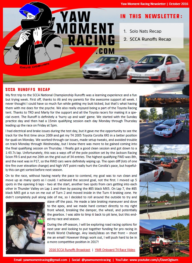 YAW MOMENT RACING: Yaw Moment Racing Newsletter - October 2016