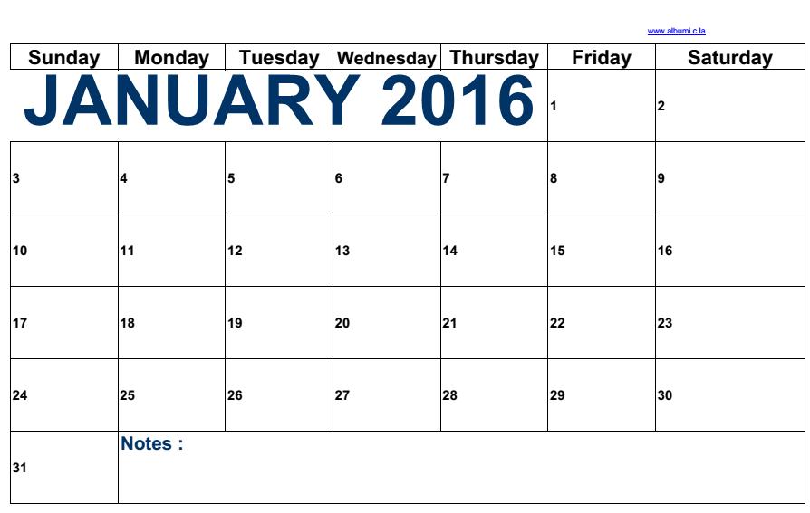 Kalendar January 2016 Blank to print | calendars - kalendar - Calendario