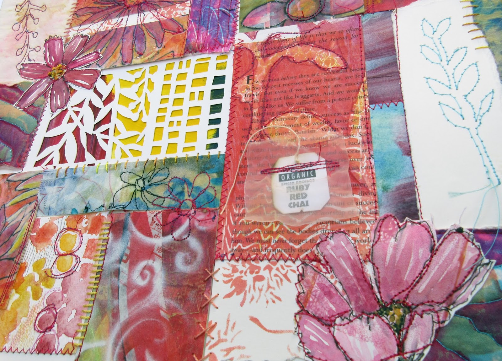 JaneVille: "Ruby Red" a mixed media stitched collage