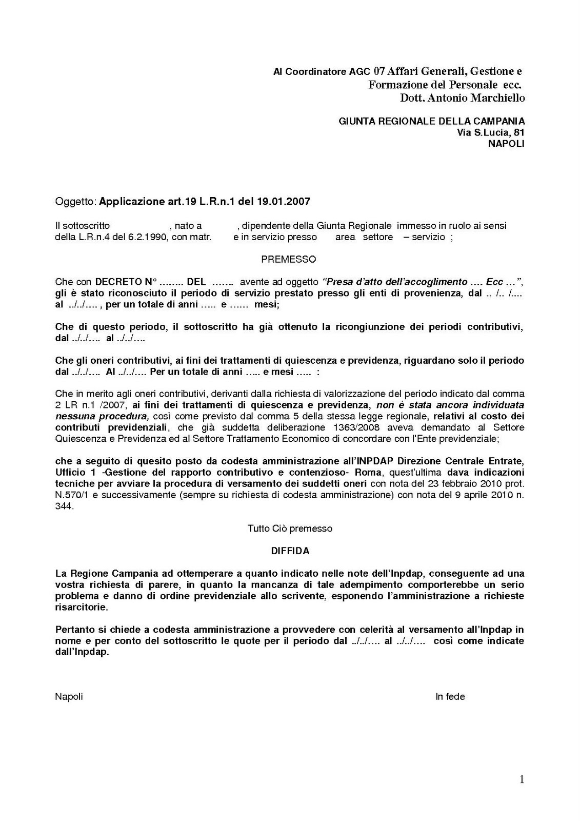 LUCIANO NAZZARO: DIPENDENTI EX LEGGE 730 - INOLTRO LETTERA DI DIFFIDA