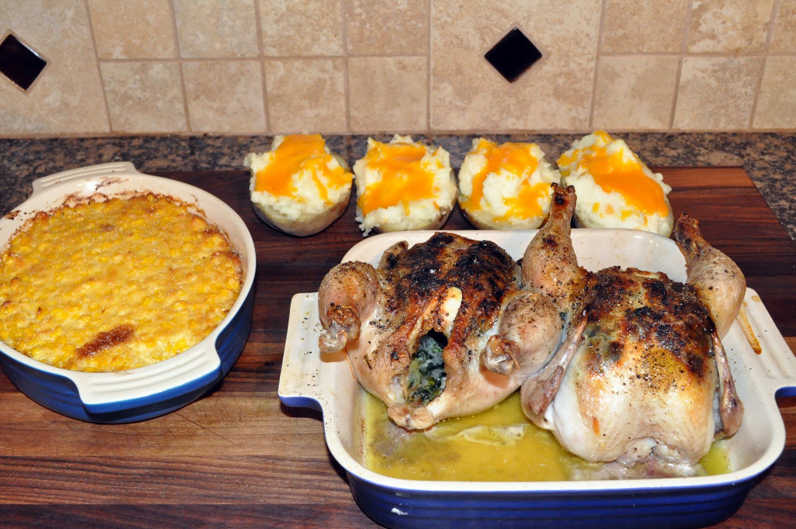 Cornish Game Hens, Corn Soufflé and Twice Baked Potatoes