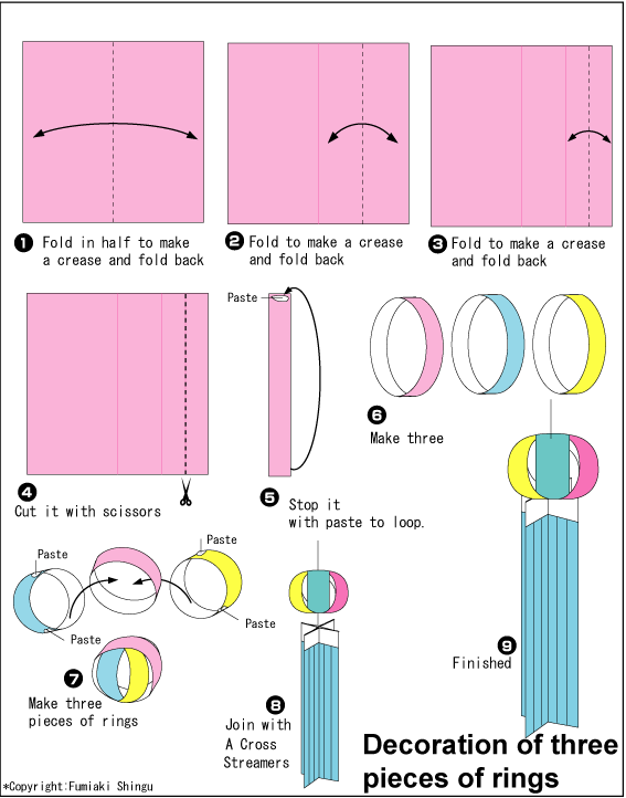 Decoration of three pieces of rings - Easy Origami instructions For Kids
