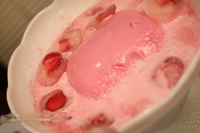 *kimw*: Heart-shaped-strawberry-pink-ice cubes.