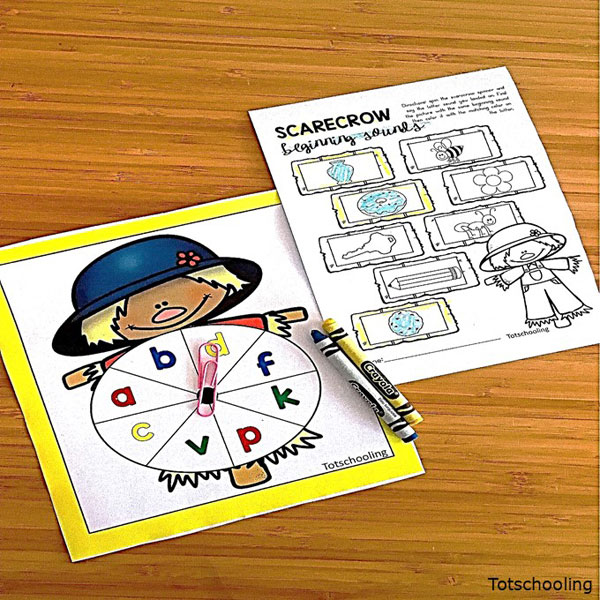 Scarecrow Beginning Sounds Spin & Color Game | Totschooling - Toddler ...