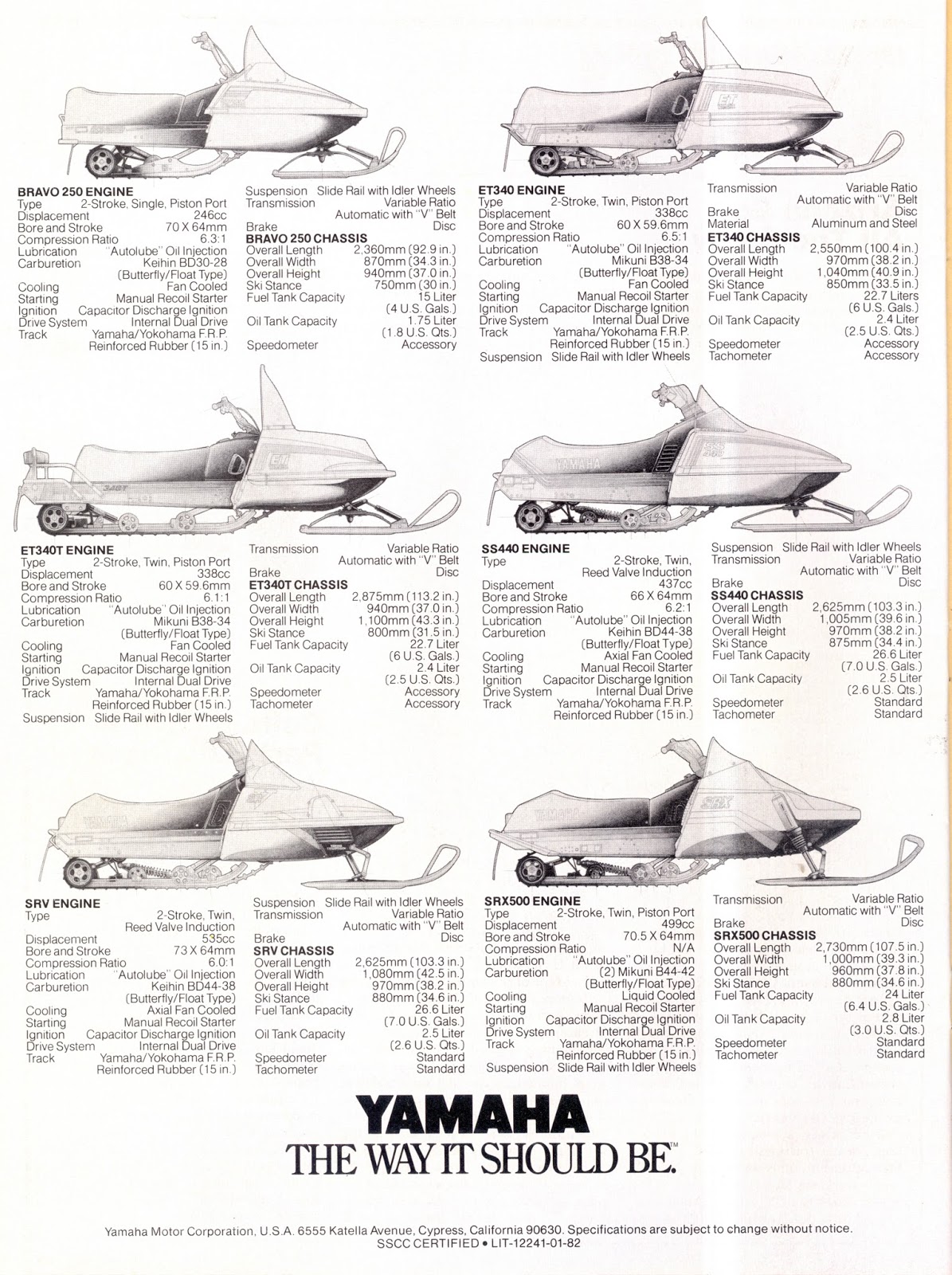 CLASSIC SNOWMOBILES OF THE PAST: 1982 YAMAHA SNOWMOBILE SPECIFICATIONS