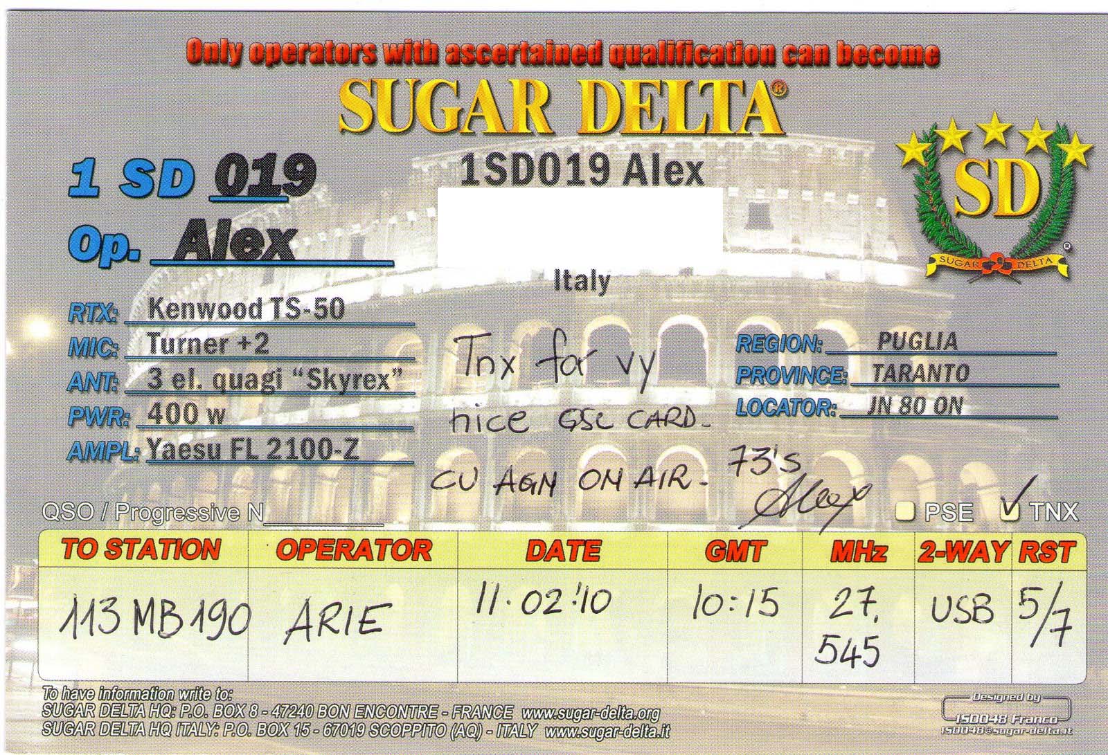 113MB190 11M Band Web Blog: QSL Card de 1SD019